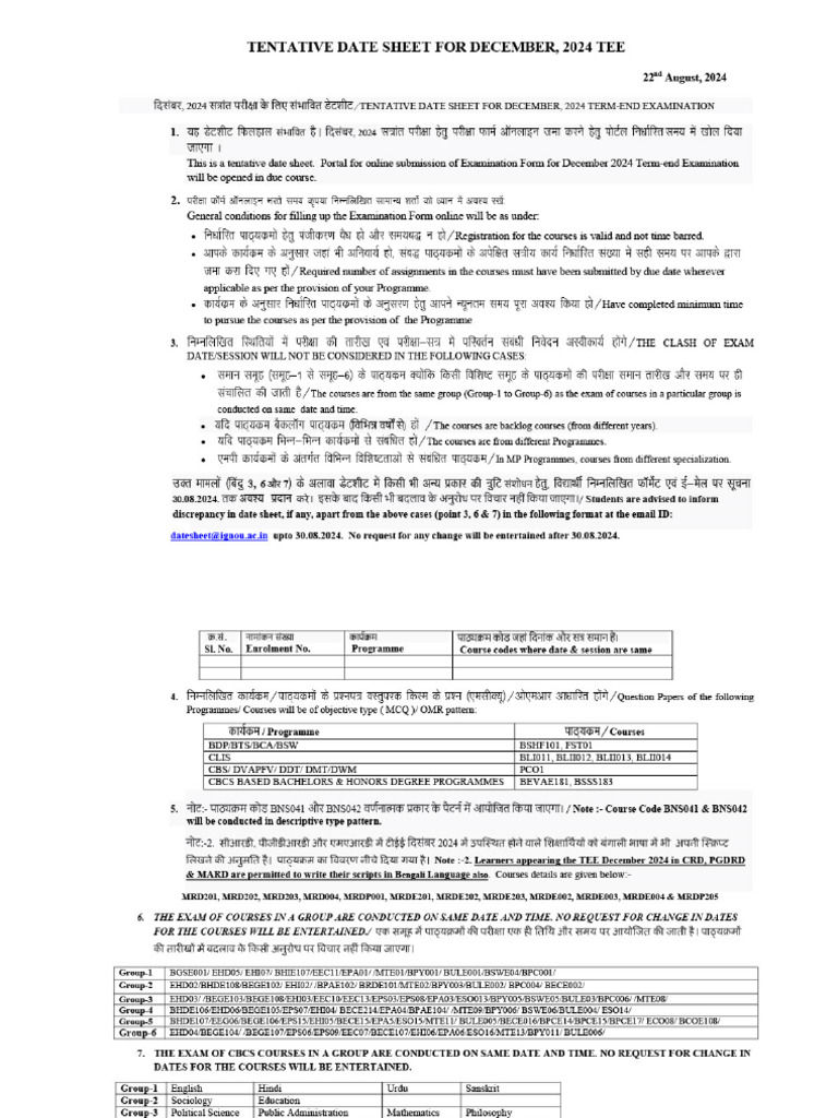 IGNOU Date Sheet December 2024 Tentative | PDF