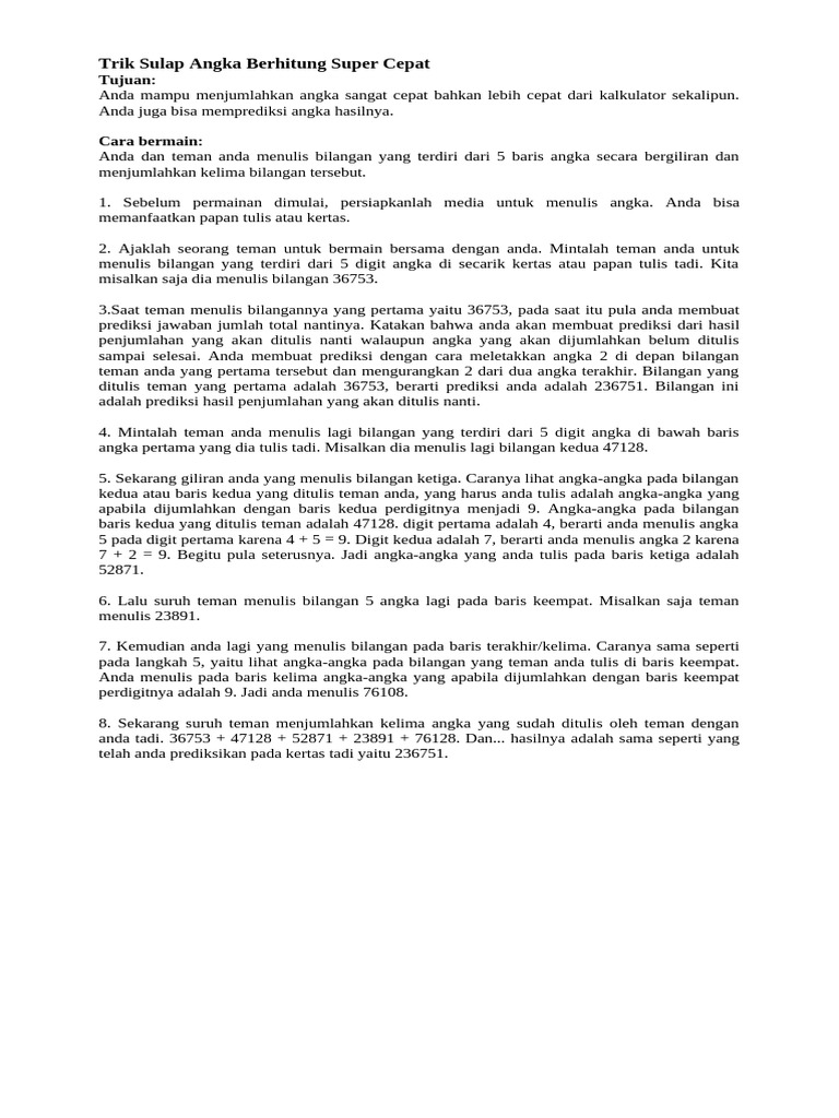 Trik Sulap Angka Berhitung Super Cepat | PDF