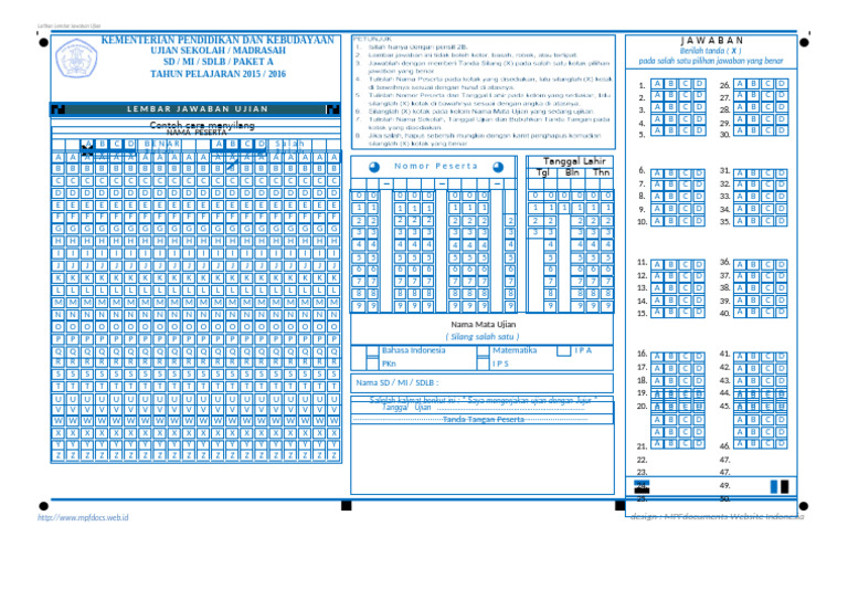 LJK SD Tahun 2015 2016 Versi UJIAN MPFdocuments Website Indonesia PDF | PDF