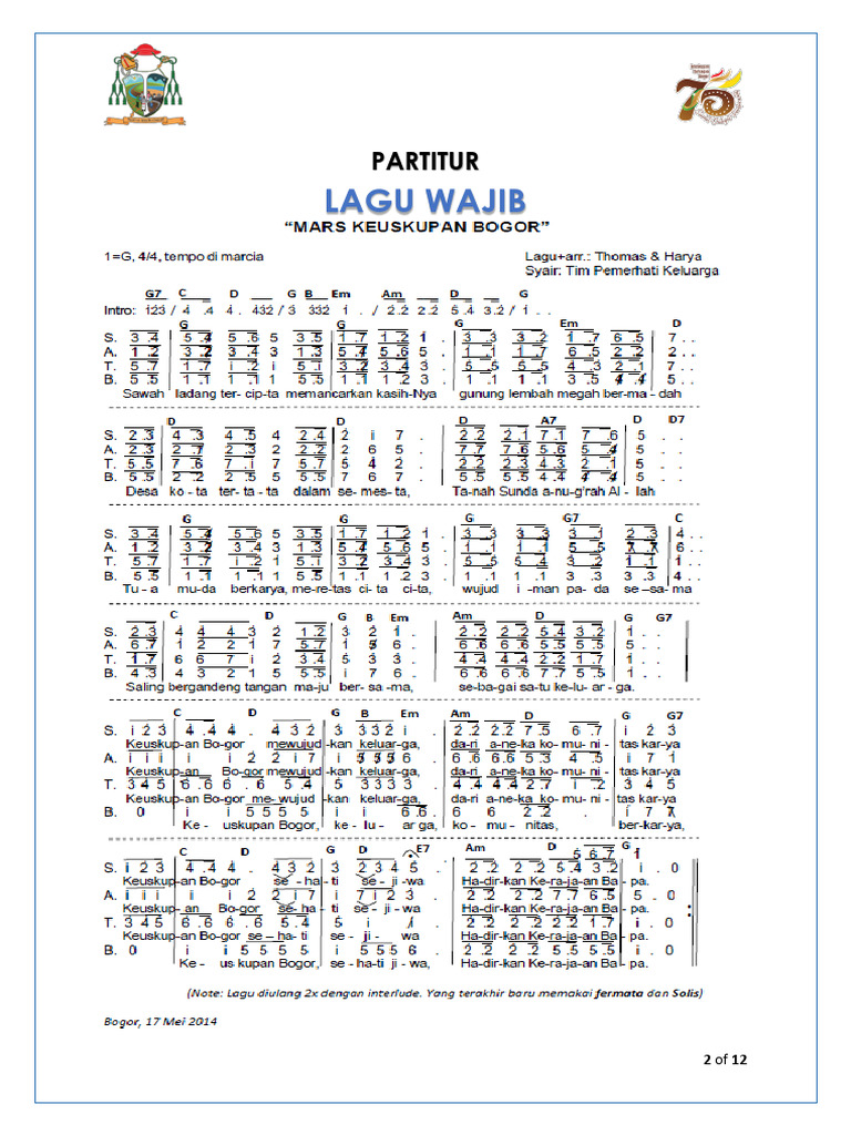 Partitur Lagu Wajib - Mars Keuskupan Bogor | PDF