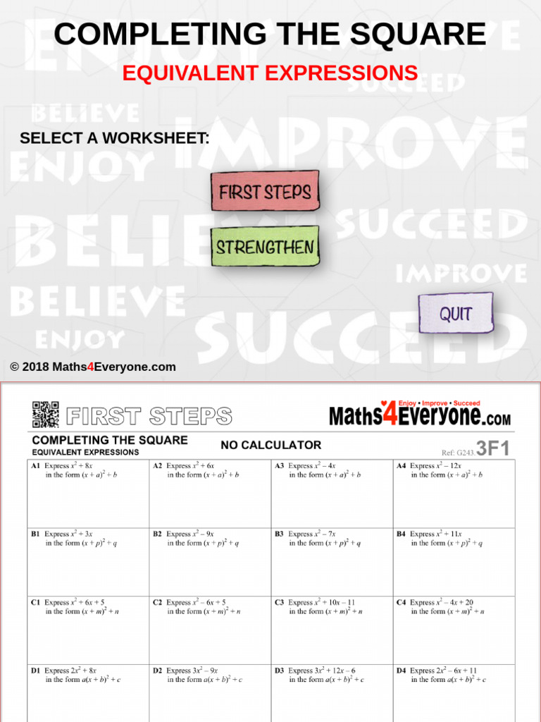 Powerpoint Completeing The Square Equivalent Expressions | PDF