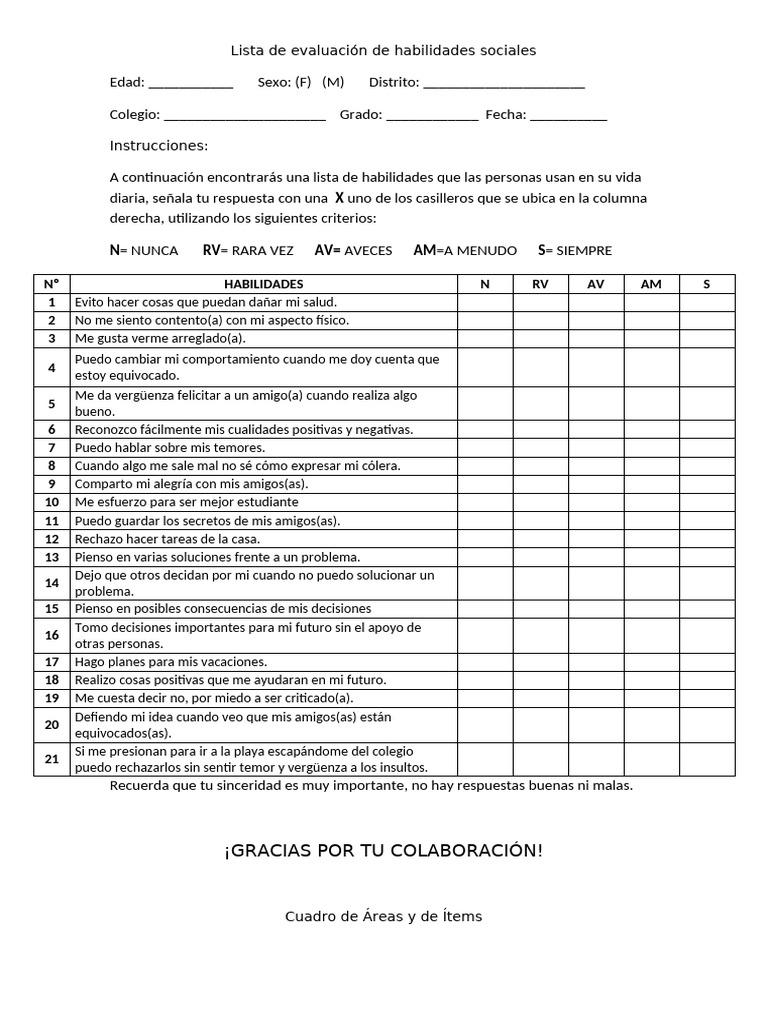 Lista de Evaluación de Habilidades Sociales | PDF