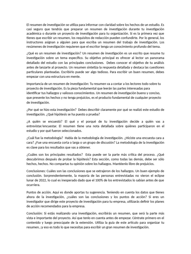 El Resumen de Investigación Se Utiliza para Informar Con Claridad Sobre ...