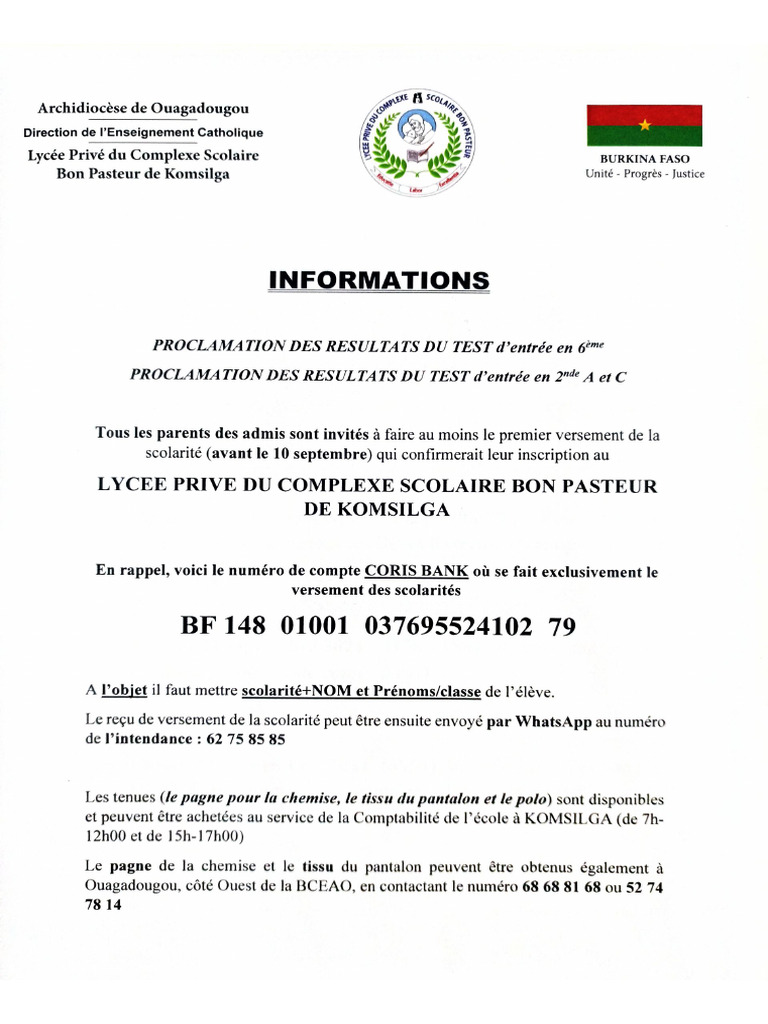 Informations Importantes Pour Les Admis Au Bon Pasteur de Komsilga | PDF Informations Importantes Pour Les Admis Au Bon Pasteur de Komsilga | PDF