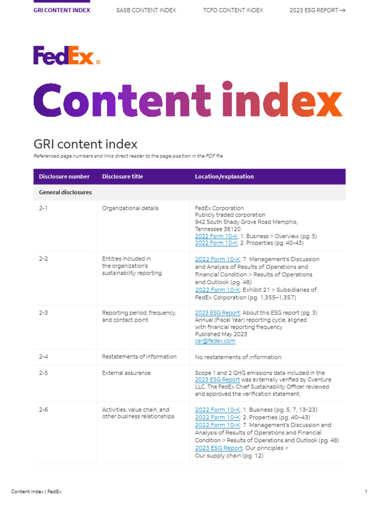 FedEx 2023 ESG Report Index | PDF