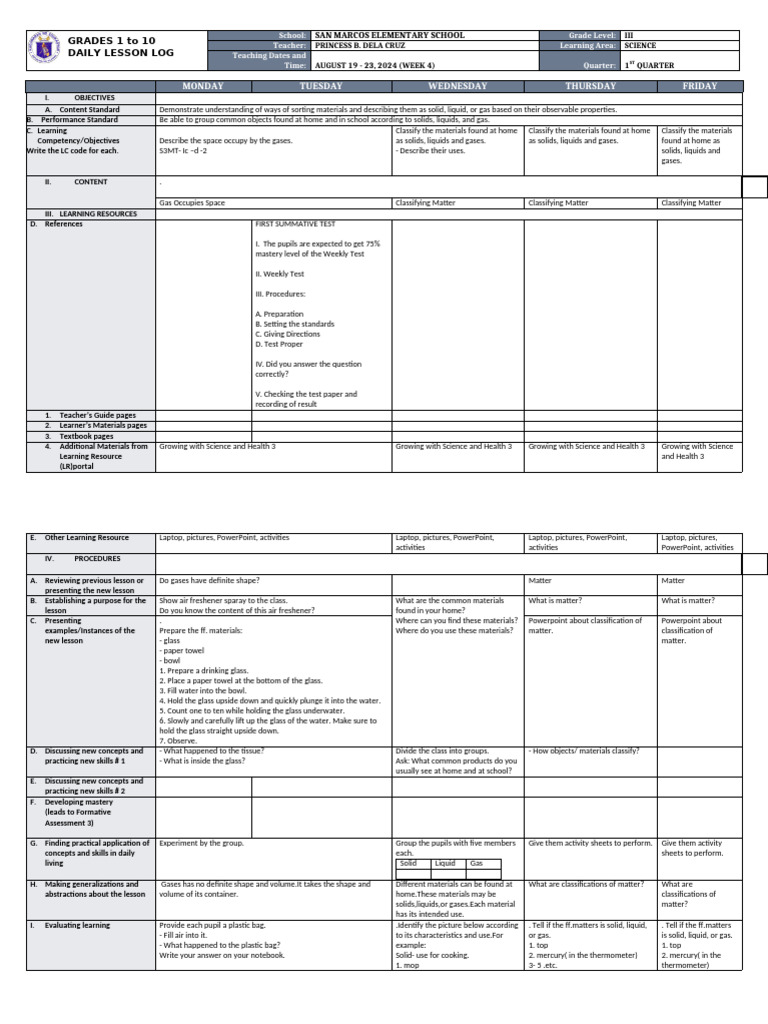 DLL - Science 3 - Q1 - W4 | PDF