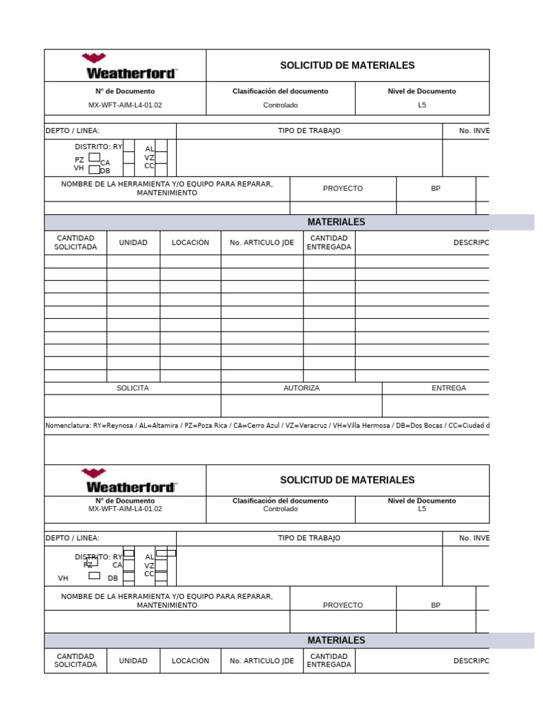MX WFT AIM L4 01.02 Solicitud de Materiales (Formato) | PDF