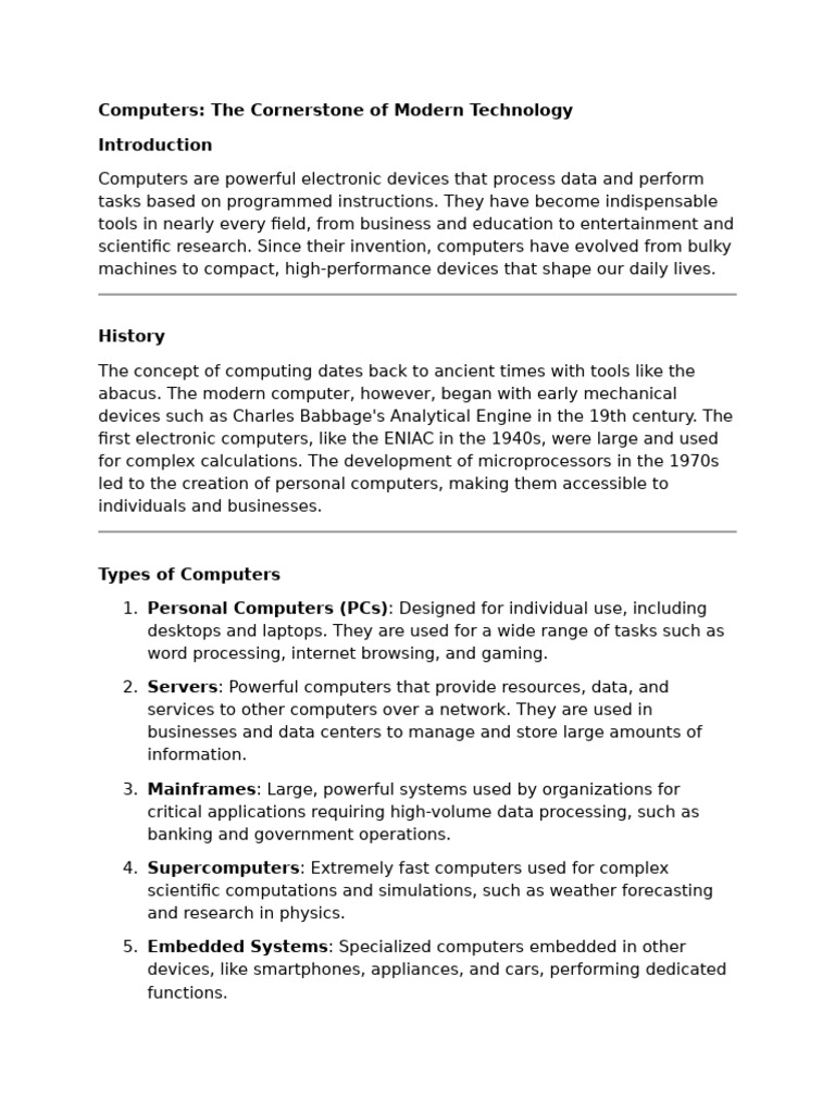 Computers: The Cornerstone of Modern Technology Introduction | PDF