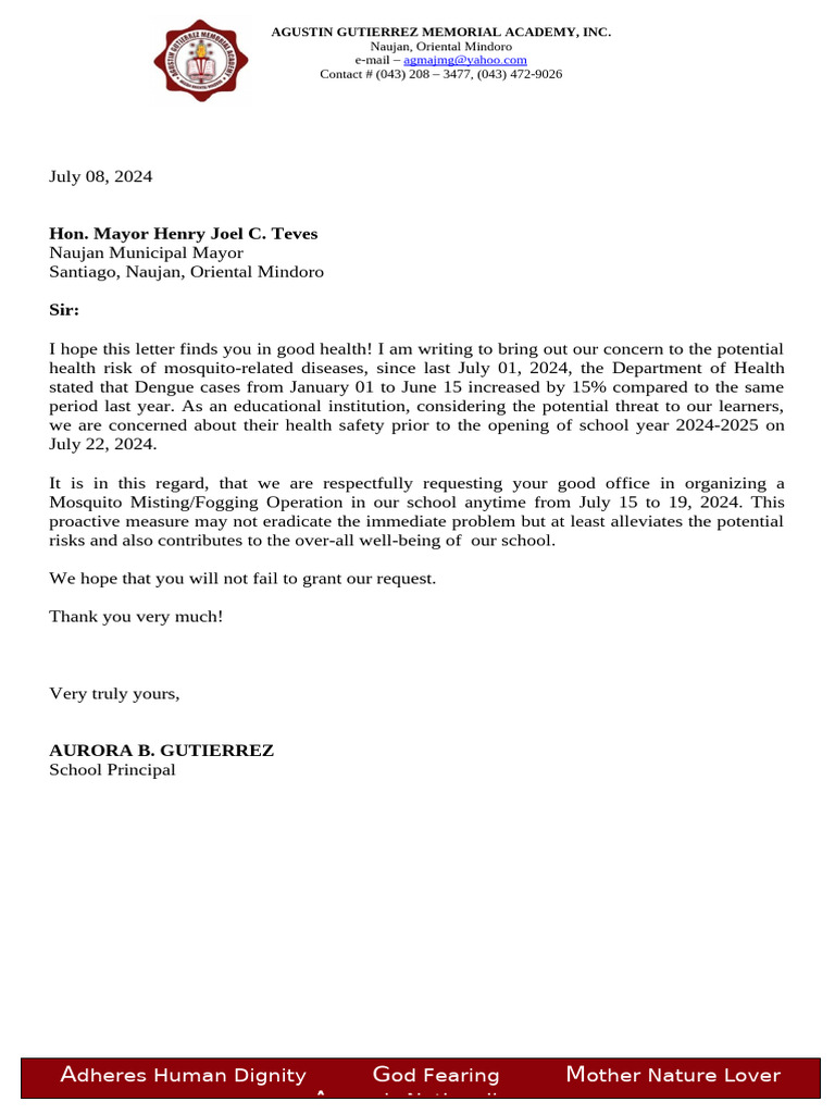 REQUEST LETTER FOR MOSQUITO MISTING | PDF