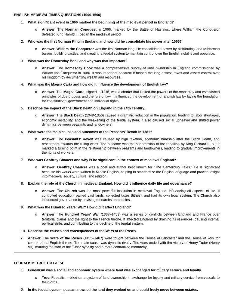 ENGLISH MEDIEVAL TIMES QUESTIONS | PDF