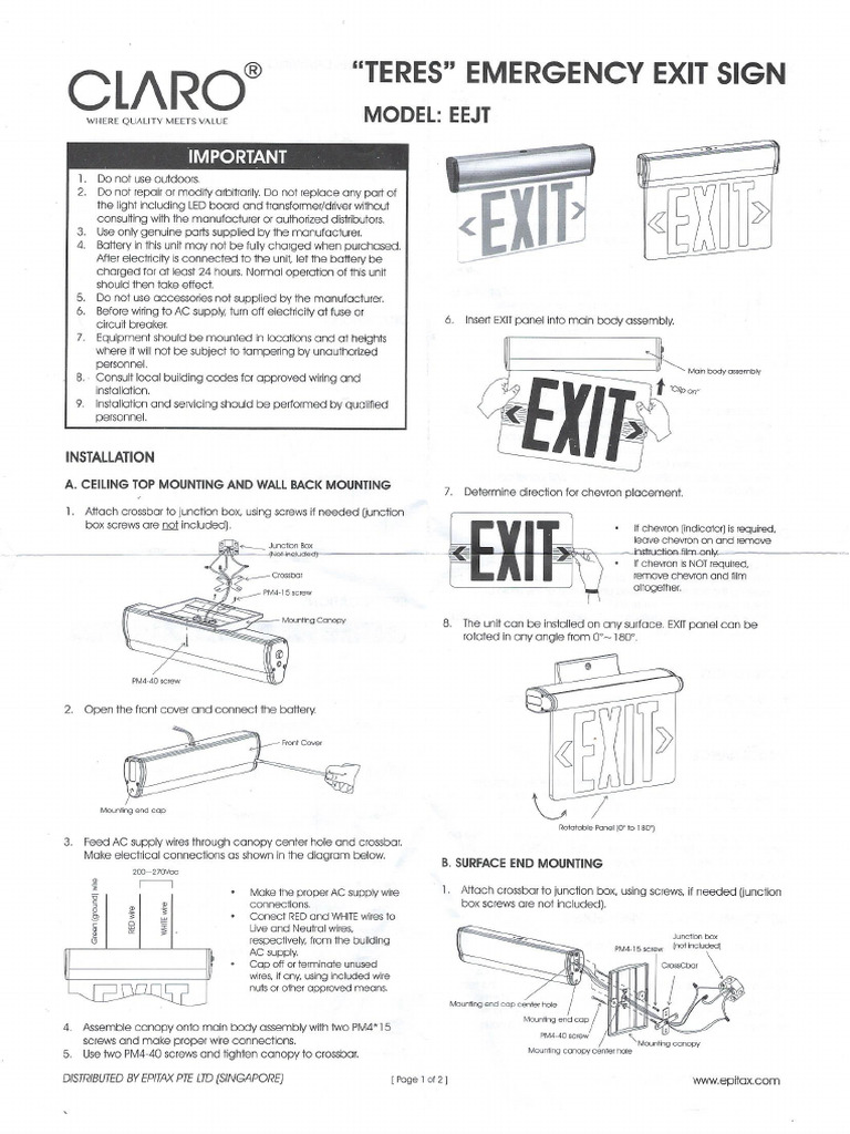 CLARO EXIT SIGN Technical Specs | PDF