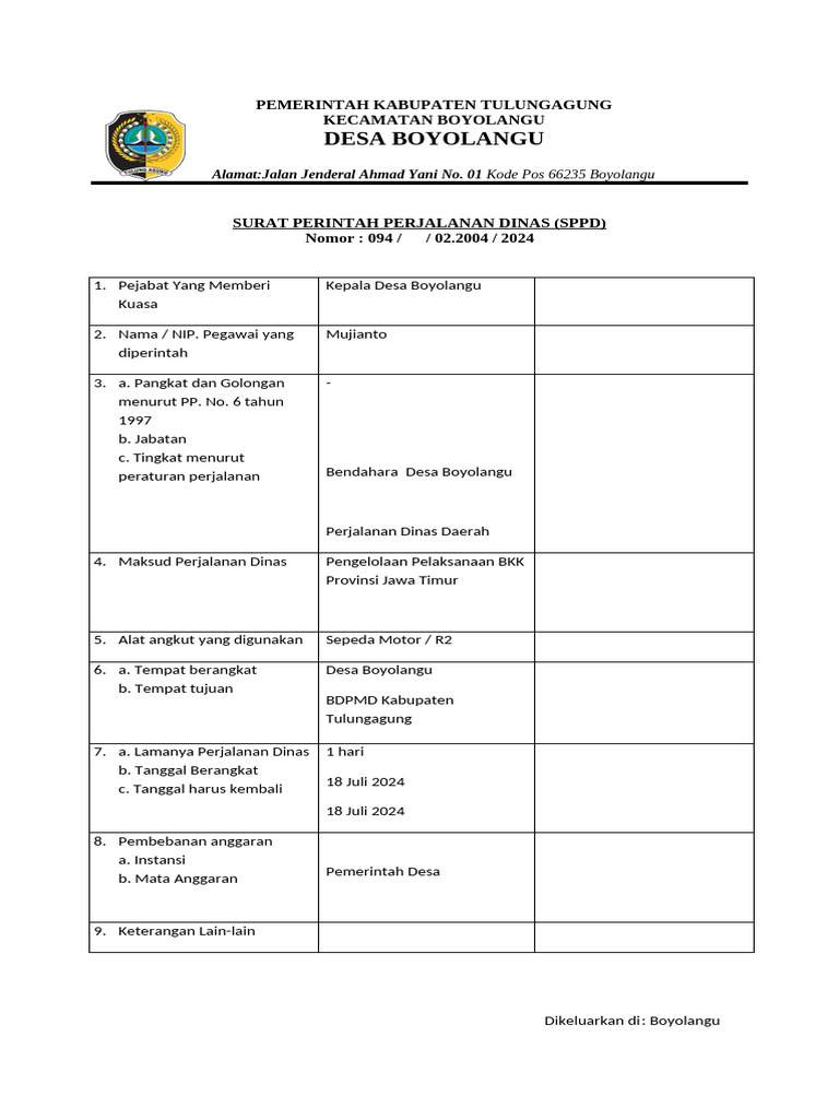 Format SPPD (Surat Perintah Perjalanan Dinas) | PDF