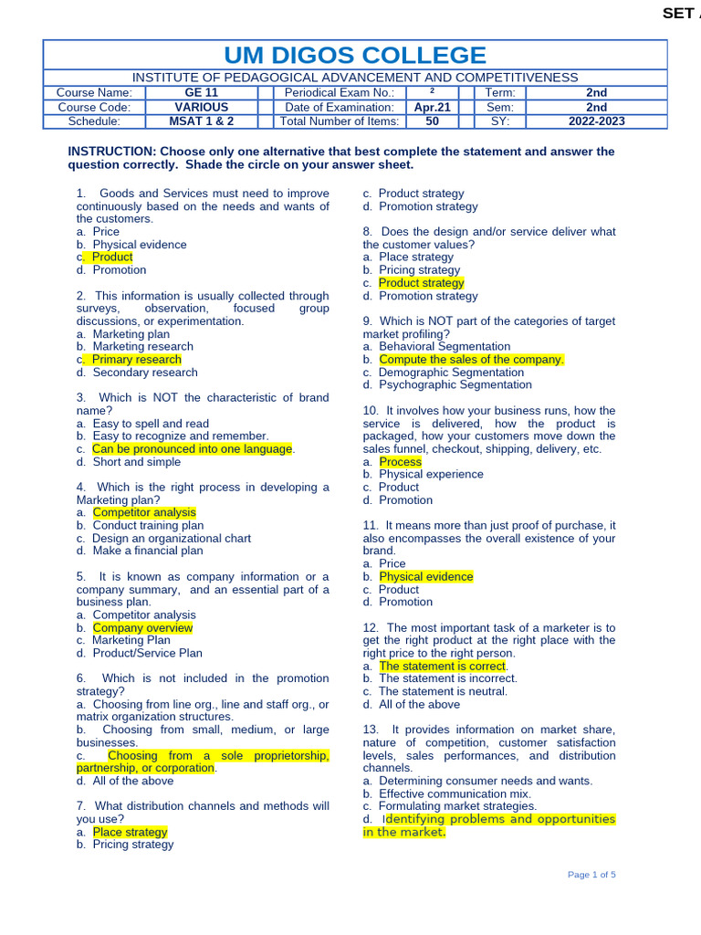 GE 11 Periodical Exam: Marketing Concepts | PDF | Marketing | Marketing ...