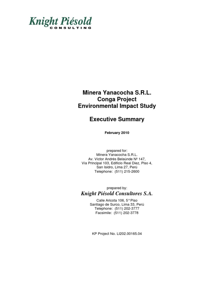 Conga Project EIA Executive Summary | PDF | Environmental Impact ...