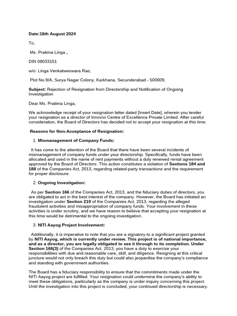 Resignation Rejection and Investigation Notice | PDF | Board Of ...