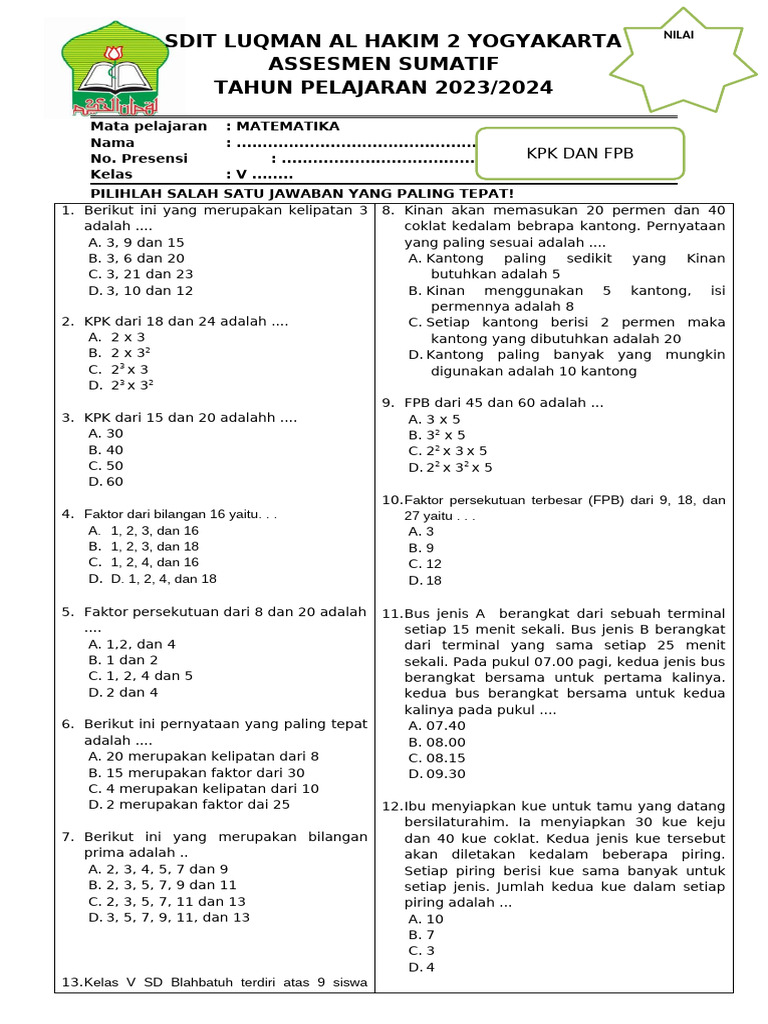 Soal KPK dan FPB Kelas 5 SD | PDF
