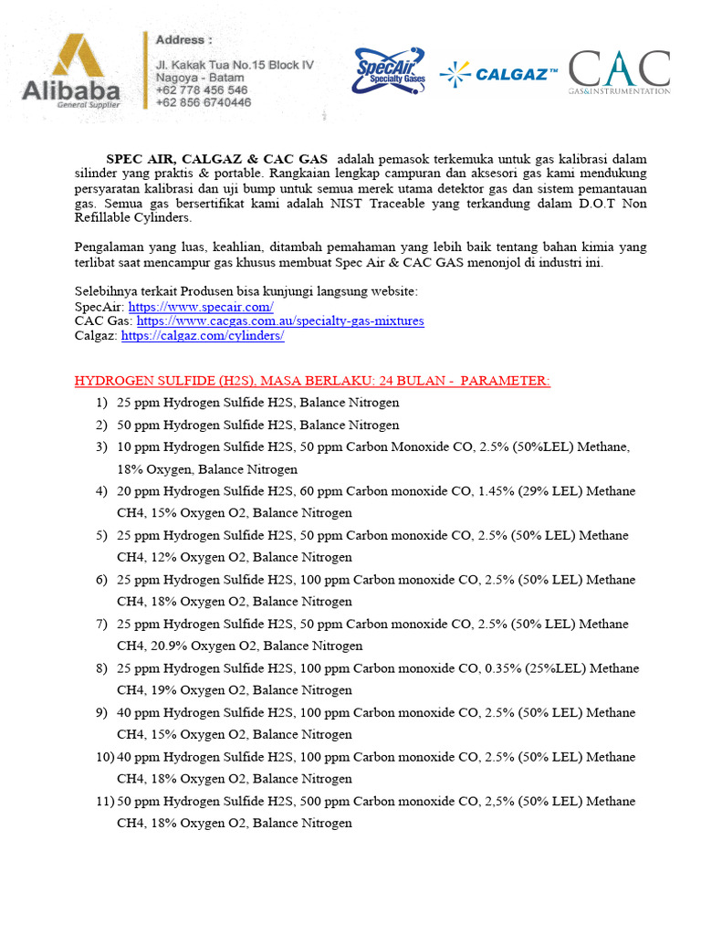 Update List Gas Kalibrasi-Span Gas-Gas Detector | PDF