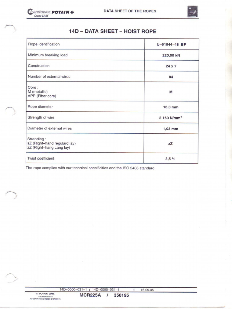 Data Sheet of Ropes MCR 225 | PDF