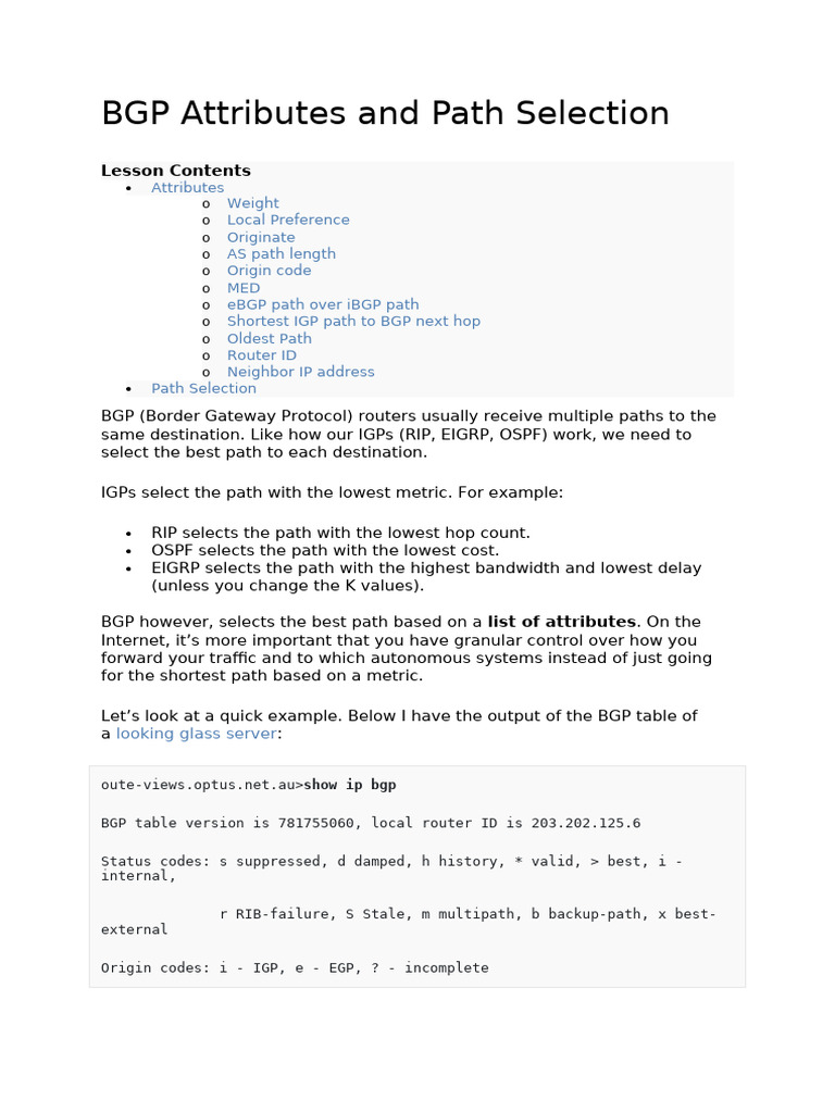 BGP Attributes & Path Selection Guide | PDF | Routing | Computer Science