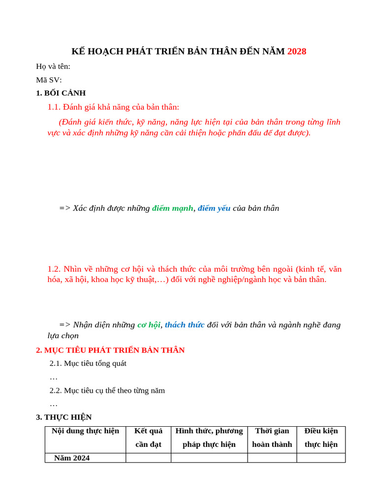 Khung Ke Hoach Phat Trien Ban Than | PDF