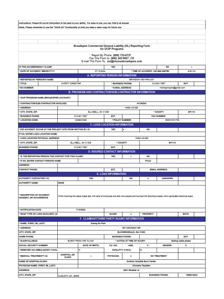 sueng Gu Park Broadspire Reporting Form - GL (OCIP Programs) 보험요청시 필요한 ...