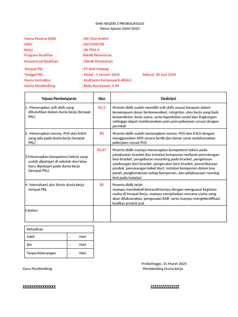 CONTOH NILAI RAPOR PKL IKM Mesin | PDF