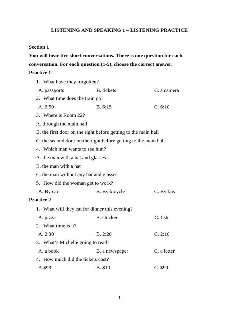 Lis - Speak 1 - Listening Practice | PDF