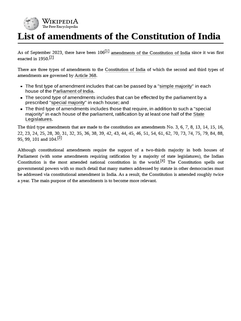 List of Amendments of The Constitution of India | PDF