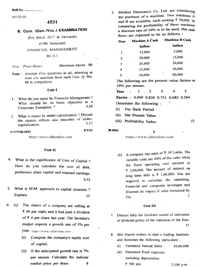 Bcom 5 Sem Financial Management 4531 Jan 2023 | PDF