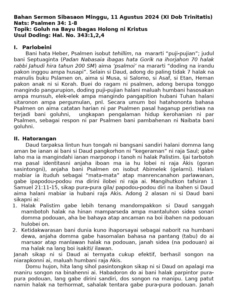 Bahan Sermon Sibasaon Minggu 11 Agustus 2024 | PDF