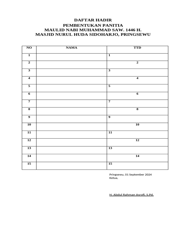 DAFTAR HADIR Masjid Nurul Huda | PDF