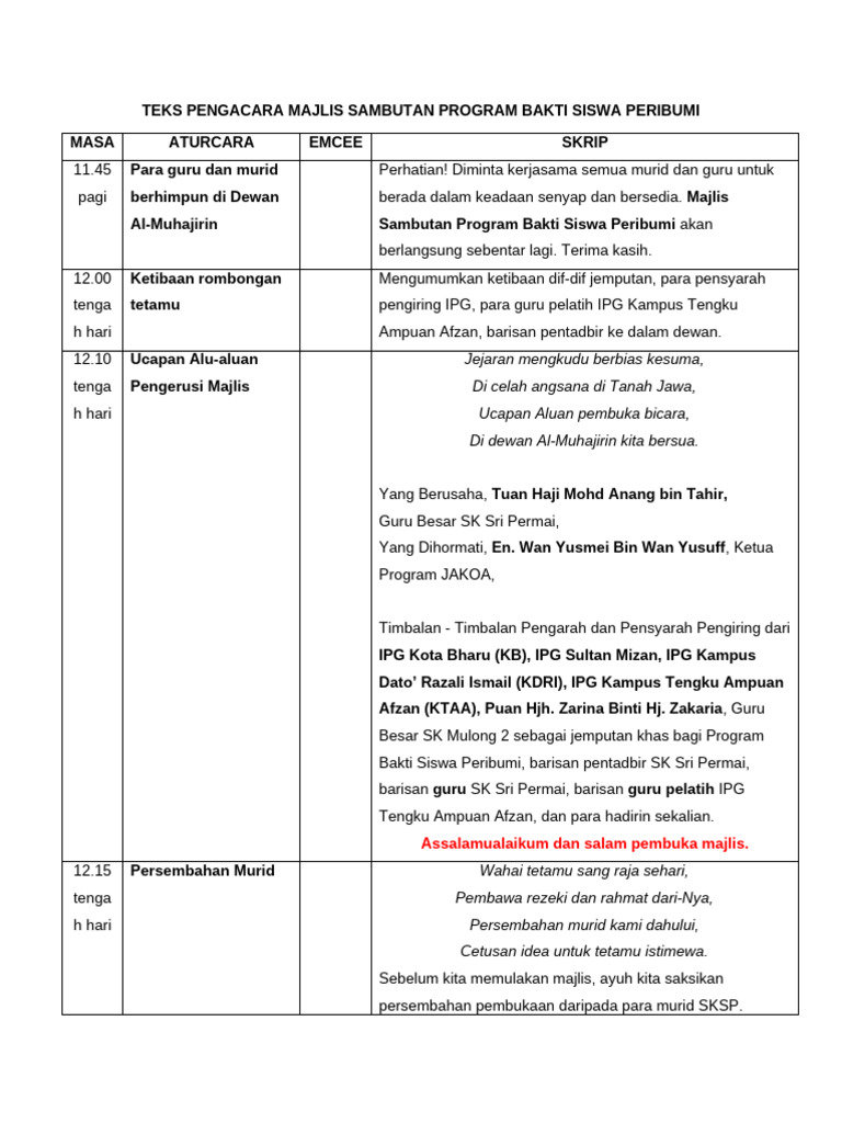 Skrip Emcee Majlis Sambutan Program Bakti Siswa Peribumi | PDF