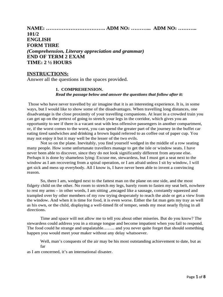 F3 ENGLISH PP2 QN Teacher - Co - .Ke End Term 2 | PDF