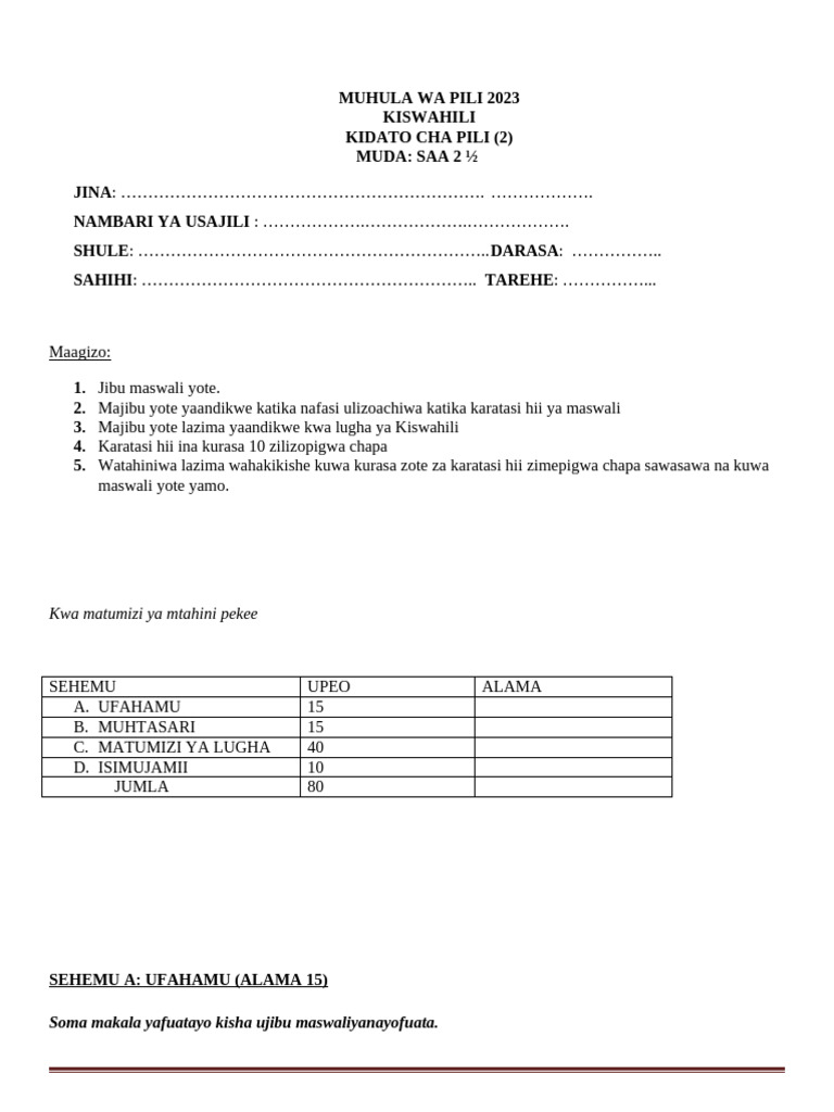 2023 Kiswahili F2 Qs T2 Exam Teacher Co Ke Pdf