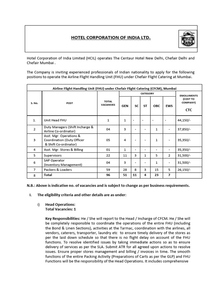 Notification Hotel Corporation of India LTD Various Vacancy | PDF