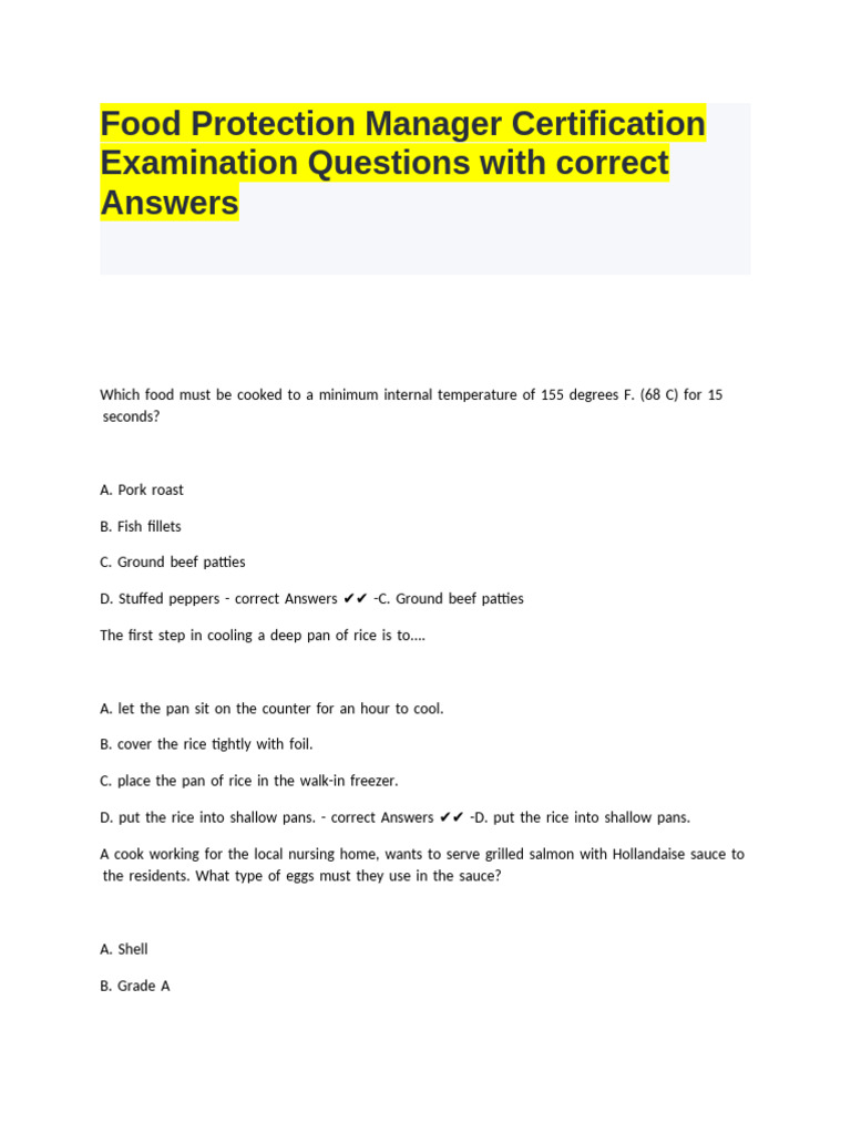 Food Protection Manager Certification Examination Questions With ...