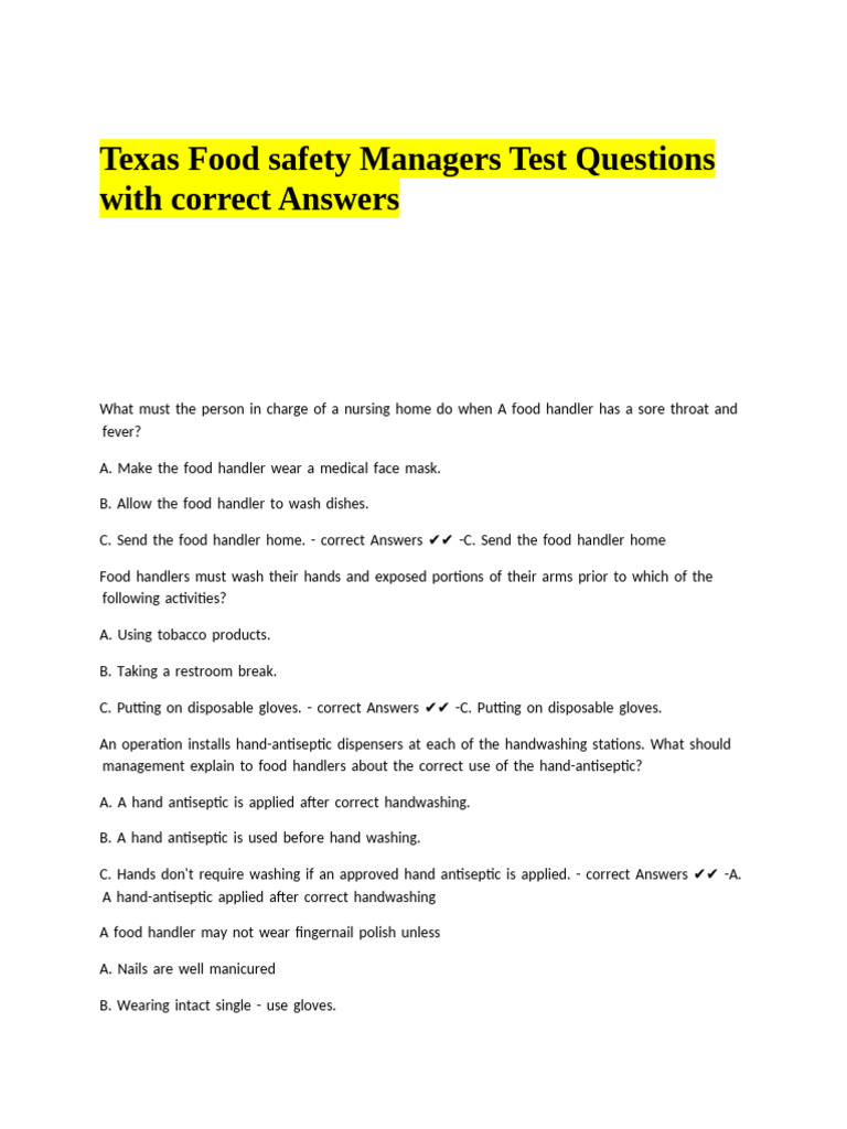 Texas Food Safety Managers Test Questions With Correct Answers | PDF