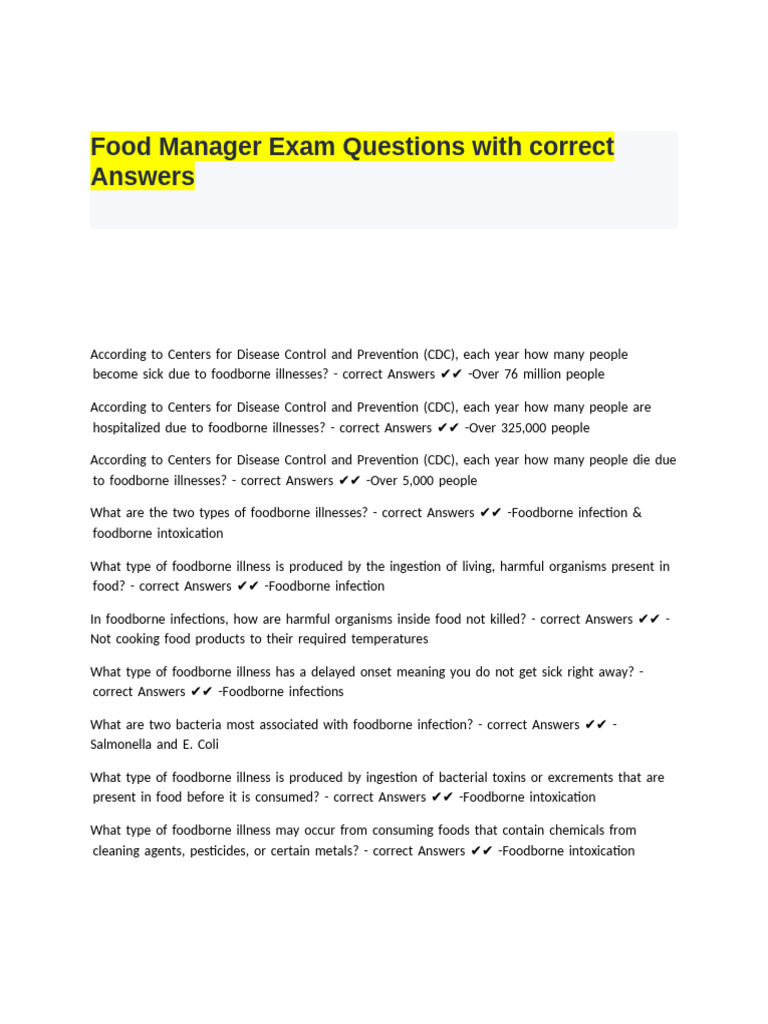 Food Manager Exam Questions With Correct Answers | PDF