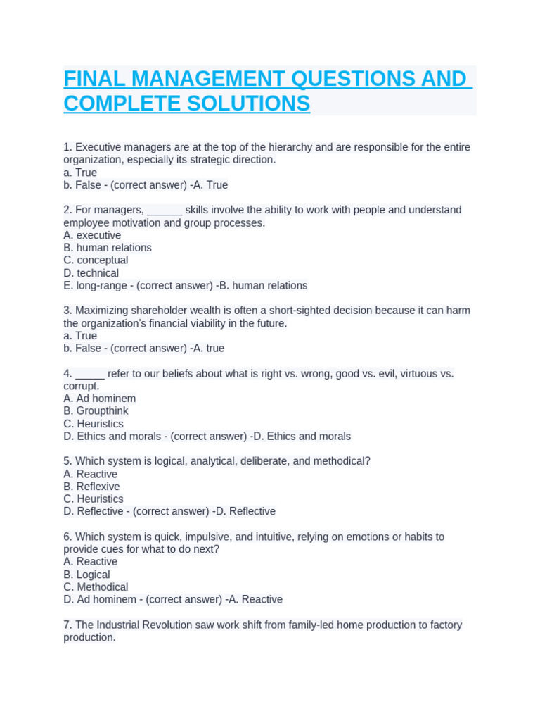 Final Management Questions and Complete Solutions | PDF