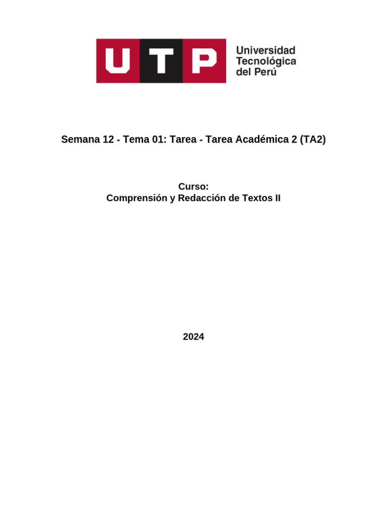 Semana 12 - Tema 01: Tarea - Tarea Académica 2 (TA2) | PDF