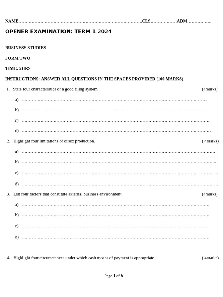 Business F2 Exam Term 1 Qs Teacher - Co .Ke | PDF