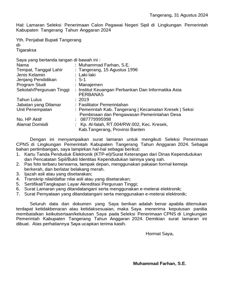 Surat Lamaran Muhammad Farhan, S.E. | PDF