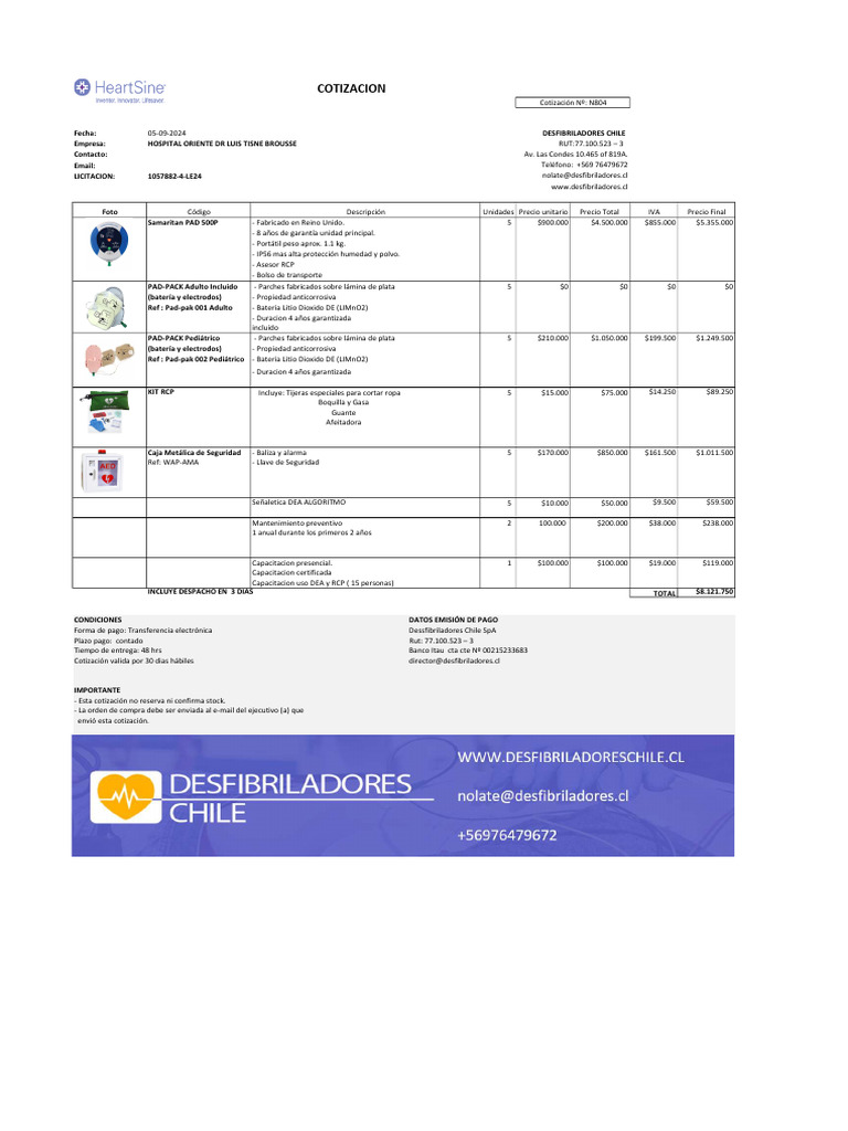 Cotización n804 Hospital Oriente DR Luis Tisne Brousse | PDF