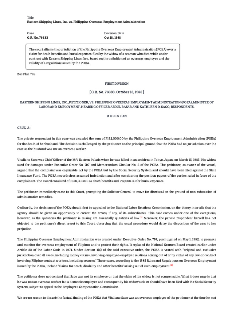 STATCON 7 - G.R. No. 76633 - Eastern Shipping Lines, Inc. vs ...