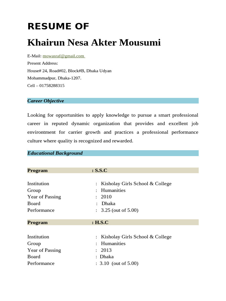 Resume of Khairun Nesa | PDF
