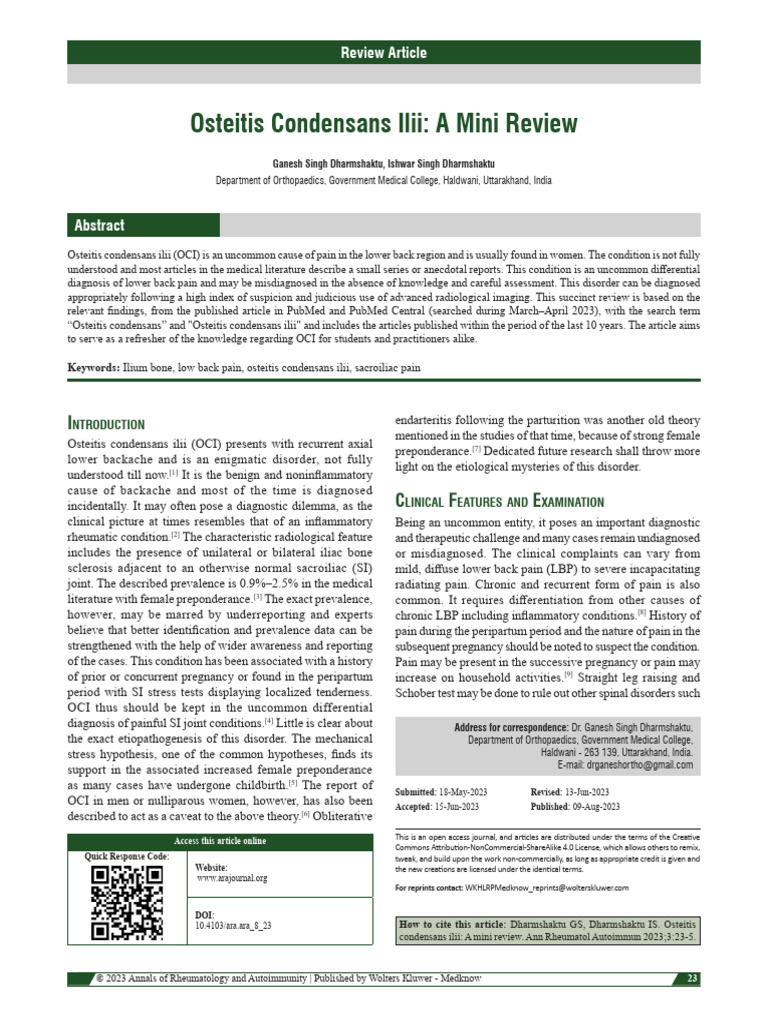Osteitis Condensans Ilii A Mini Review.1 | PDF