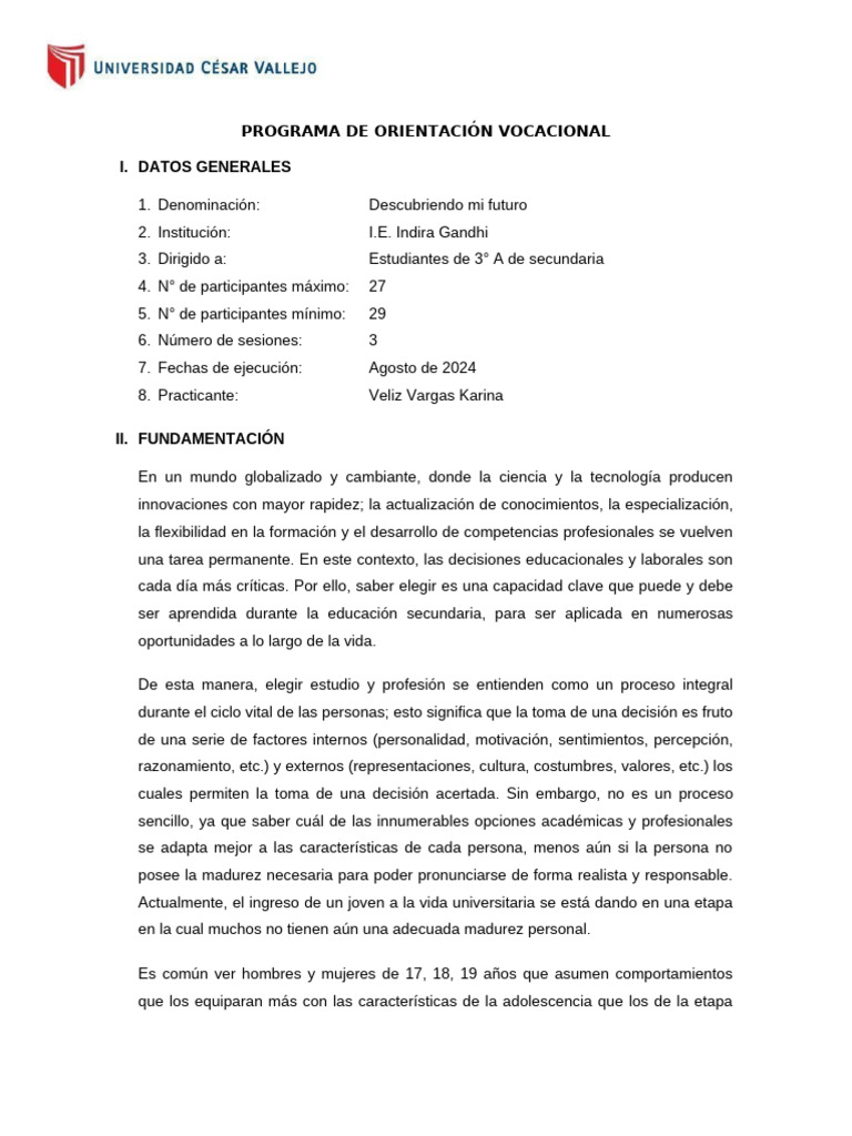 Formato de Programa de Orientacion Vocacional | PDF
