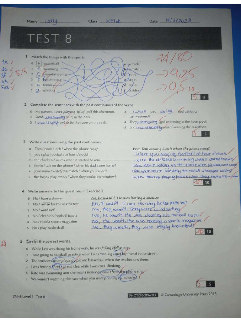 Test 8 Worksheet (from Think level A2 book) | PDF
