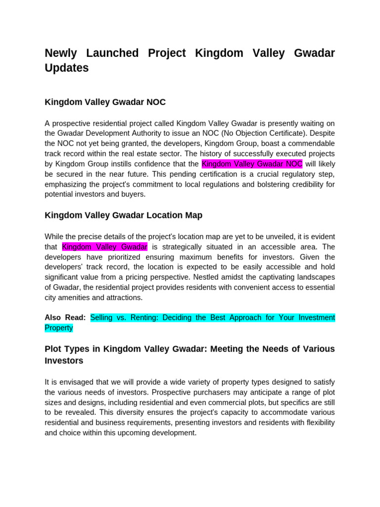 Newly Launched Project Kingdom Valley Gwadar Updates | PDF