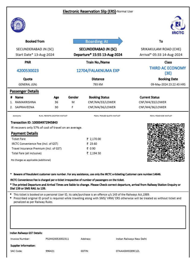 12704/falaknuma Exp Third Ac Economy (3E) | PDF